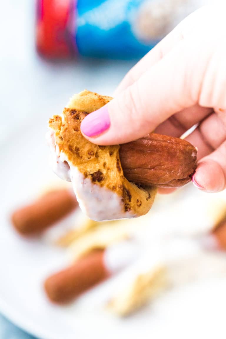 Cinnamon Roll Hot Dog with Yogurt Frosting Dip - April Golightly